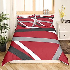 Erosebridal Red Grey White Geometry Lines Duvet Cover Queen,Bold Stripes Comforter Cover,Geometric Lines Bedding Set,Abstract Graphics Quilt Cover with 2 Pillow Shams for Adult Youth Bedroom Decor