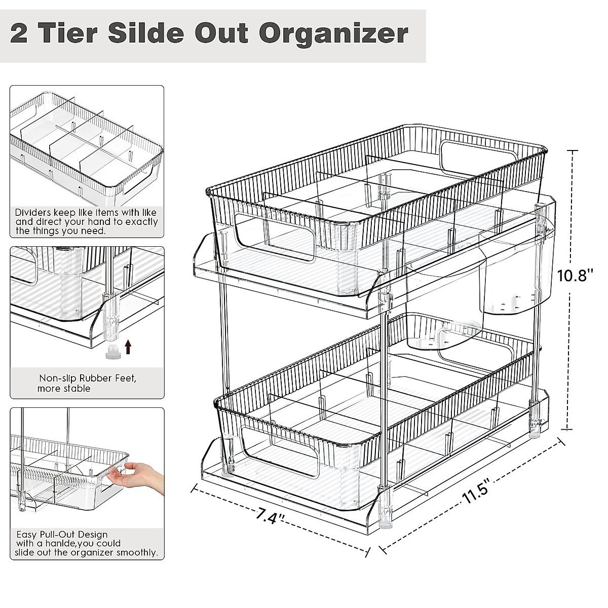 VIVAIVE 2-Tier Bathroom Organizer with Removable Dividers, 11.5" x 7.4" x 10.8" - Space-Saving and Practical Storage Solution