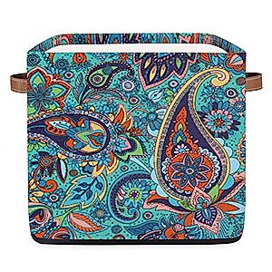 Storage Cube Bins Ethnic Paisley Large Collapsible Storage Basket with Handle Decorative Storage Boxes for Toys Organizer Closet Shelf Nursery Kid Bedroom,13x13x13