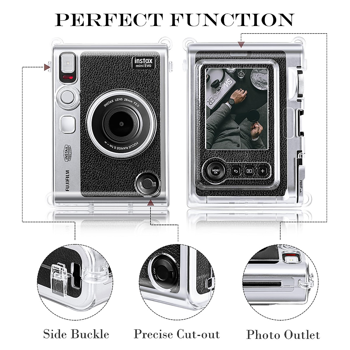 Rieibi Clear Protective Case for Fujifilm Instax Mini Evo Instant Camera - Hard Carrying Case Cover with Shoulder Strap
