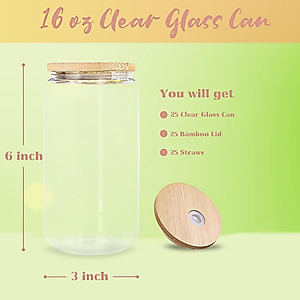 VEVELU 25 Pack Sublimation Glass Cups with Lids and Straws 16oz Clear Sublimation Glass Can Blanks Tumblers Glass Sublimation Cups with Bamboo Lid Drinking Juice Jars Beer Can Glass Iced Coffee Cups