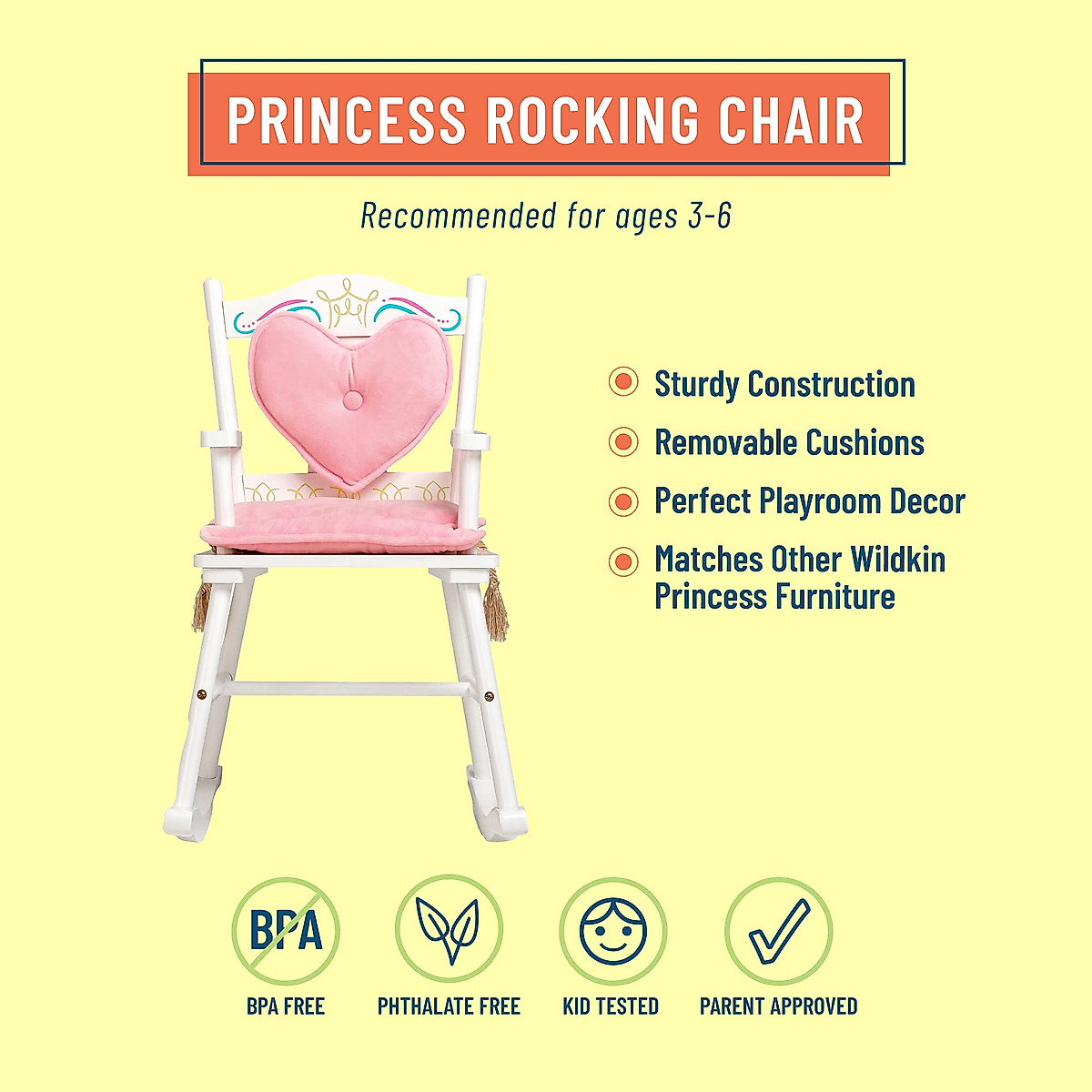 Wildkin Kids Princess Royal Rocking Chair for Girls, Perfect for Both Big & Little Kids, Includes Padded Backrest & Seat Cushion, Wooden Rocker Measures 23 x 16 x 28 Inches (White)