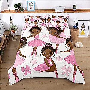 SIRDO Twin Bedding Sets for Girls, African American Magic Comforter Set with Ballet Dancer, Pink Bed Set for Toddler Kids Teens, Little Girls Bedroom Decor