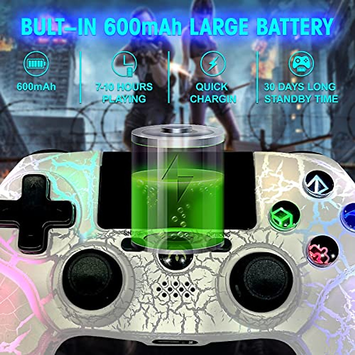 DYONDER Wireless Controller for PS4, Wireless Remote Gamepad with Unique Cracked Design/Dual Vibration/6-Axis Motion Sensor/Audio Function, Game Controller Widely Compatible with PS4/PC/iOS(White)