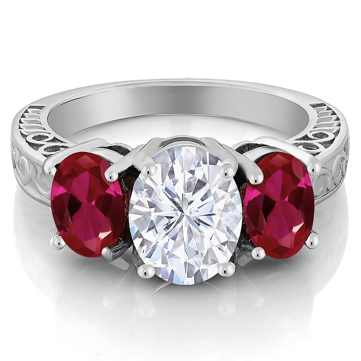 Gem Stone King 925 Sterling Silver Red Created Ruby and White Moissanite 3 Stone Women Ring (3.80 Cttw, Available In Size 5, 6, 7, 8, 9)