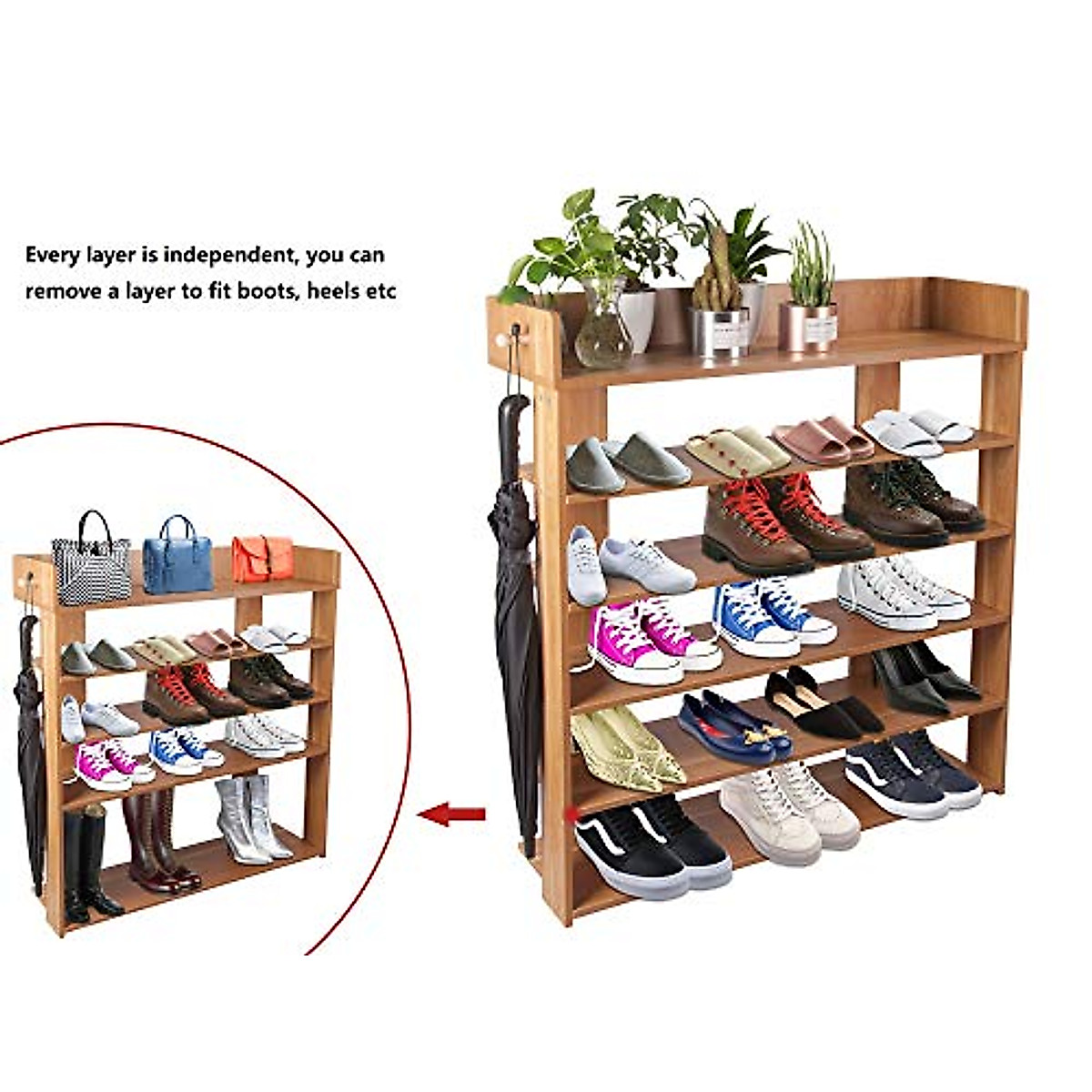 Elevens 18 Pairs Shoe Rack with Top Shelf and Hanging Bar (Wood)