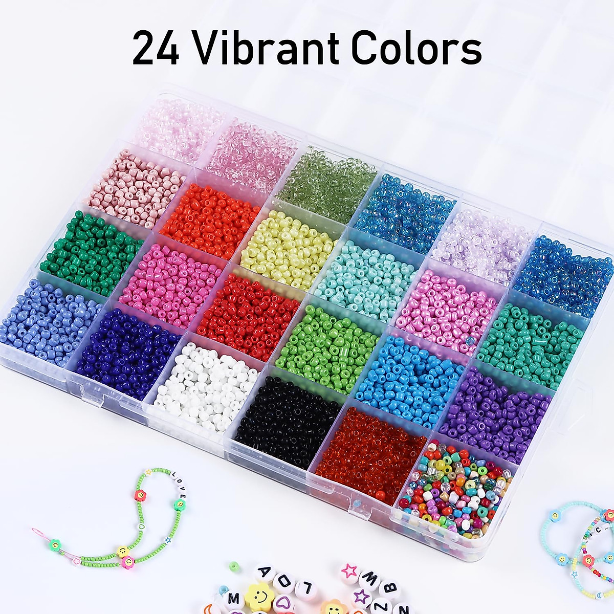 AnutriON 12000pcs 3mm Tiny Color Glass Seed Beads for Bracelets Making Kit and Smile Face Charm Beads Letter Beads for Friendship Bracelets Jewelry Making Necklaces and DIY Crafts Gifts
