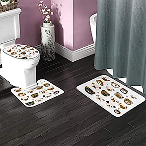 Moslion Cartoon Pug Puppies Bath Mat Dog Funny Lovely Animal Cute Face Smile Tongue Expression Bathroom Mat 3 Piece Set Non-Slip Bathmat Antiskid Pad Doormat and Toilet Lid Cover Set