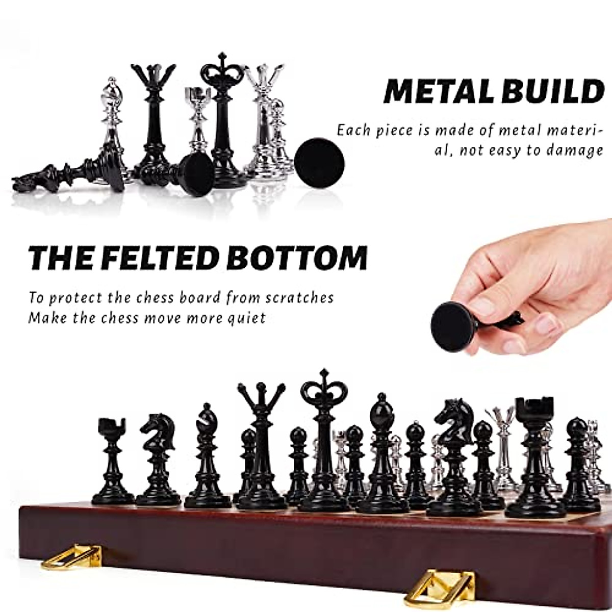 15" Metal Chess Sets for Adults Kids Checkers Game Set (2 in 1) with Black Silver Chess Pieces & Portable Folding Wooden Chess Board Travel Chess Sets Board Metal Staunton Chess Pieces, & Storage Box