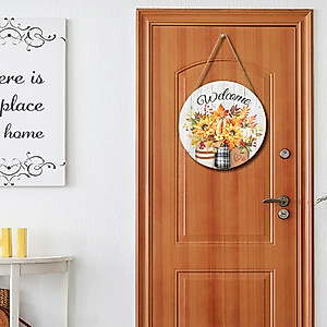 Fall Welcome Sign Door Sign 12"x12" Rustic Fall Decorations Hanging Door Sign Thanksgiving Farmhouse Welcome Round Wooden Sign for Home Front Door Wall Porch Yard Garden