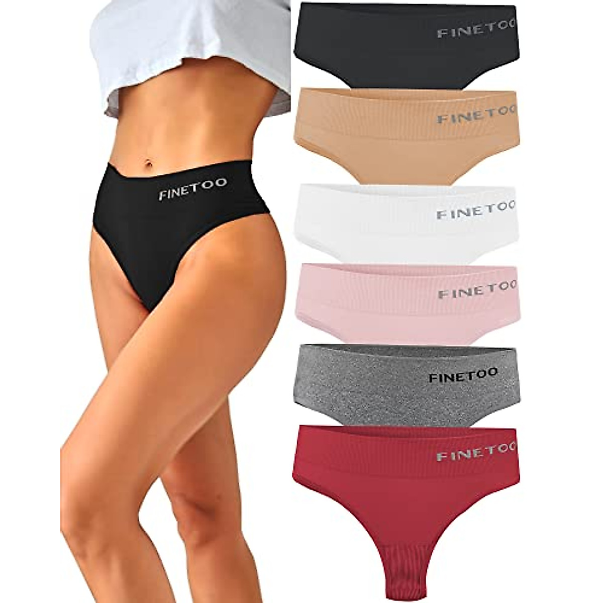FINETOO 6 Pack High Waisted Thongs for Women, Nylon Spandex Panties Breathable Soft Stretchy Underwear High Rise S-XL (XL)
