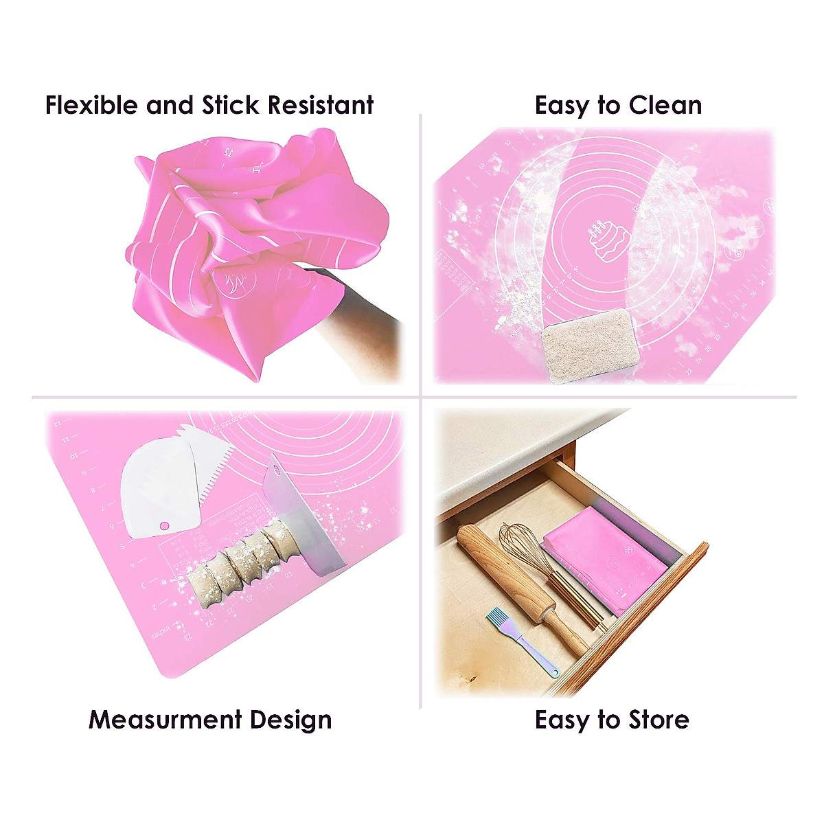 Pink Silicone Baking Mat Pastry Mat For Rolling Out Dough Pastry Pie Crust and Fondant Nonstick Thick Large 25” X 18” With Measurement, BPA Free Non stick Non Slip and Easy to Clean Reusable