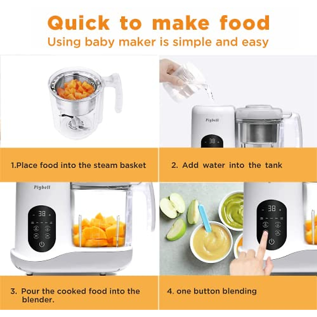 Baby Food Maker & Steamer All in 1 Processor for Toddlers-Steam, Blend, Chop, Sterilizer, Puree, Warm Milk, 8 Oz Stirring Cup, Timer, Auto Shut-Off, 120V, Homemade Food, white, Small, 35 Oz