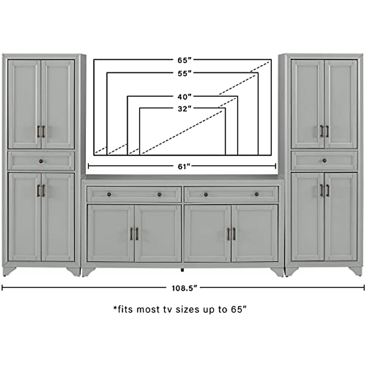 Crosley Furniture Tara 3-Piece Entertainment Set with Sideboard and 2 Storage Cabinets, Distressed Gray