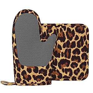 SEPTYK Cool Cheetah Leopard Oven Mitts and Pot Holders Sets of 2 Non-Slip Cooking Kitchen Gloves Heat Resistant for Baking Grilling BBQ