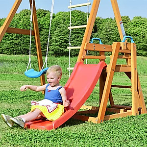 Kiriner Wooden Swing Set with Slide, Outdoor Playset Backyard Activity Playground Climb Swing Outdoor Play Structure for Toddlers, Ready to Assemble Wooden Swing-N-Slide Set Kids Climbers