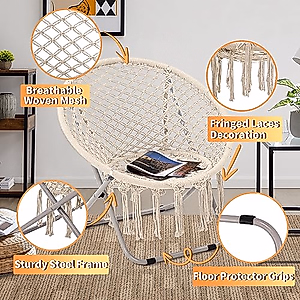 KROFEM Boho Moon Saucer Chair, Foldable Round Circle Style, Relax in Comfort in Bedroom or Living Room, Perfect for Adults and Teens, No Assembly Beige