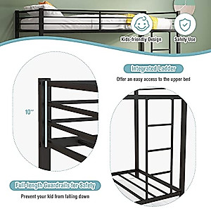 KOMFOTT Metal Low Bunk Bed Twin Over Twin, Heavy Duty Bunk Bed Frame with Ladder & Full-Length Guardrails, Metal Slatted Floor Bed Frame for Teens & Adults, No Box Spring Needed (Black)