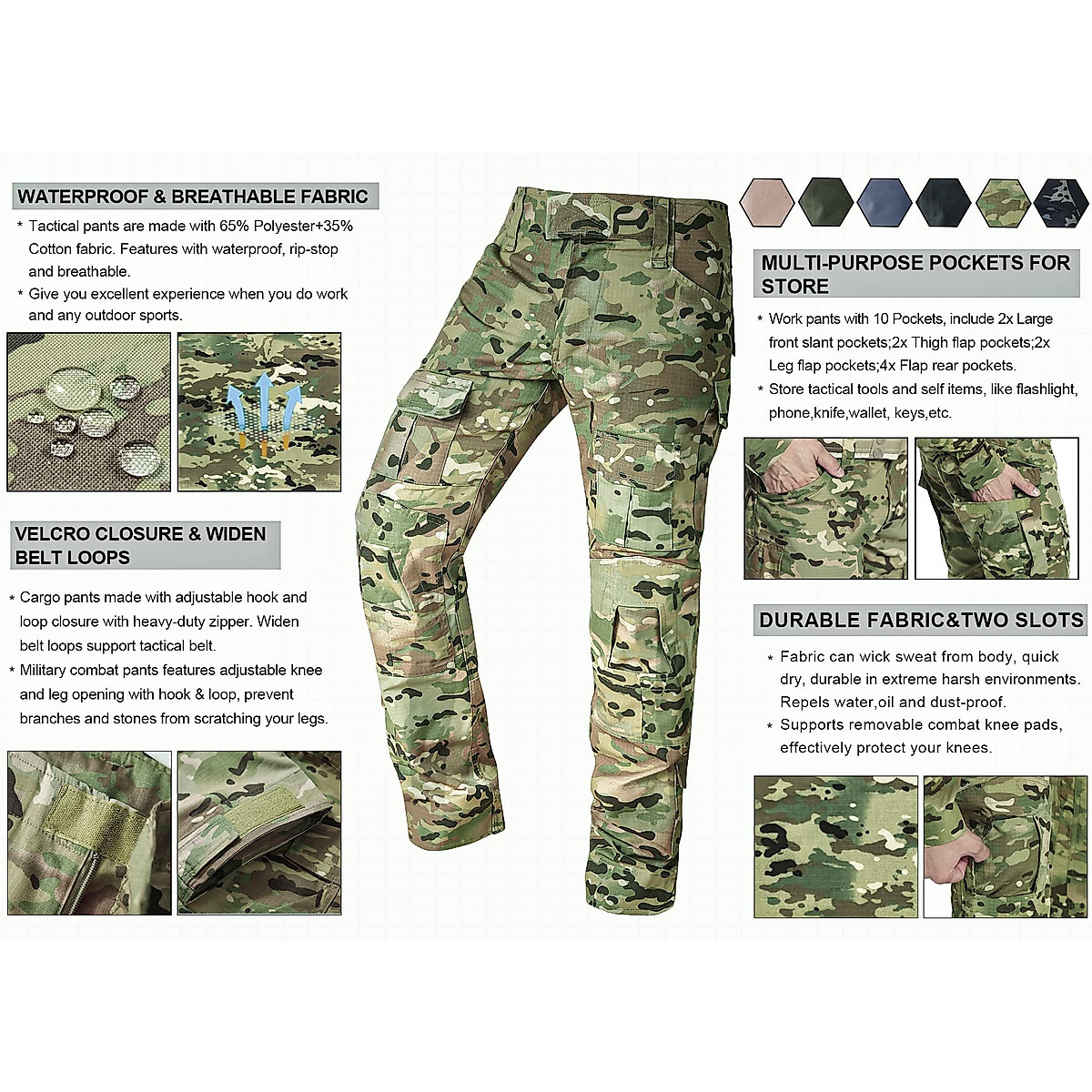 OCANXUE Tactical Pants Camo Cargo Pants for Men Outdoor Hiking Pants Ripstop Work Pants Multi Pocket Pants No Belt No Knee Pads CP Camo 34