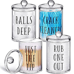 4 Pack Fun Qtip Holder Apothecary Jars with Lids,10 oz Clear Bathroom Organizer Storage for Cotton Swab, Cotton Ball, Floss and Cotton Round Pads, Cotton Ball Holder Bathroom Decor Bathroom Containers