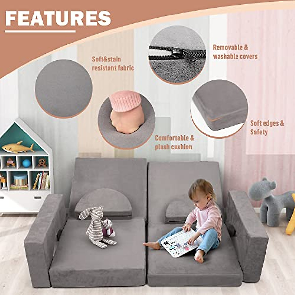Betterhood Play Couch Sofa for Kids Imaginative Furniture Play Set for Creative Kids,Toddler to Teen Bedroom Furniture,Girls and Boys Playroom Sofa 8PCS