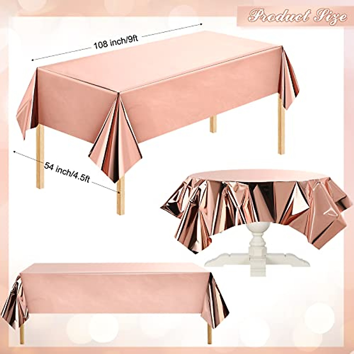 12 Pack Rose Gold Foil Tablecloth Party Rectangular Metallic Table Covers 54 x 108 Inch Shiny Plastic Table Cloths Waterproof Holographic for Christmas Birthday Wedding Anniversary Party Supplies
