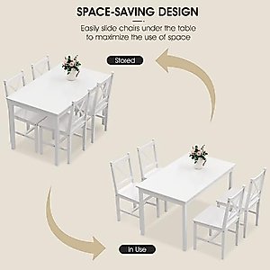 Alohappy Dining Table Set for 4, 5 Piece Kitchen Table Set with 4 Chairs Pine Wood Dining Table Rectangle Breakfast Table and Chairs for Small Space, Space-Saving & Easy Assembly (White)
