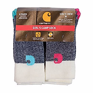Carhartt baby girls Camp Crew 6 Pair Pack Casual Sock, Natural, Pink, Blue, Green, Purple, Large US