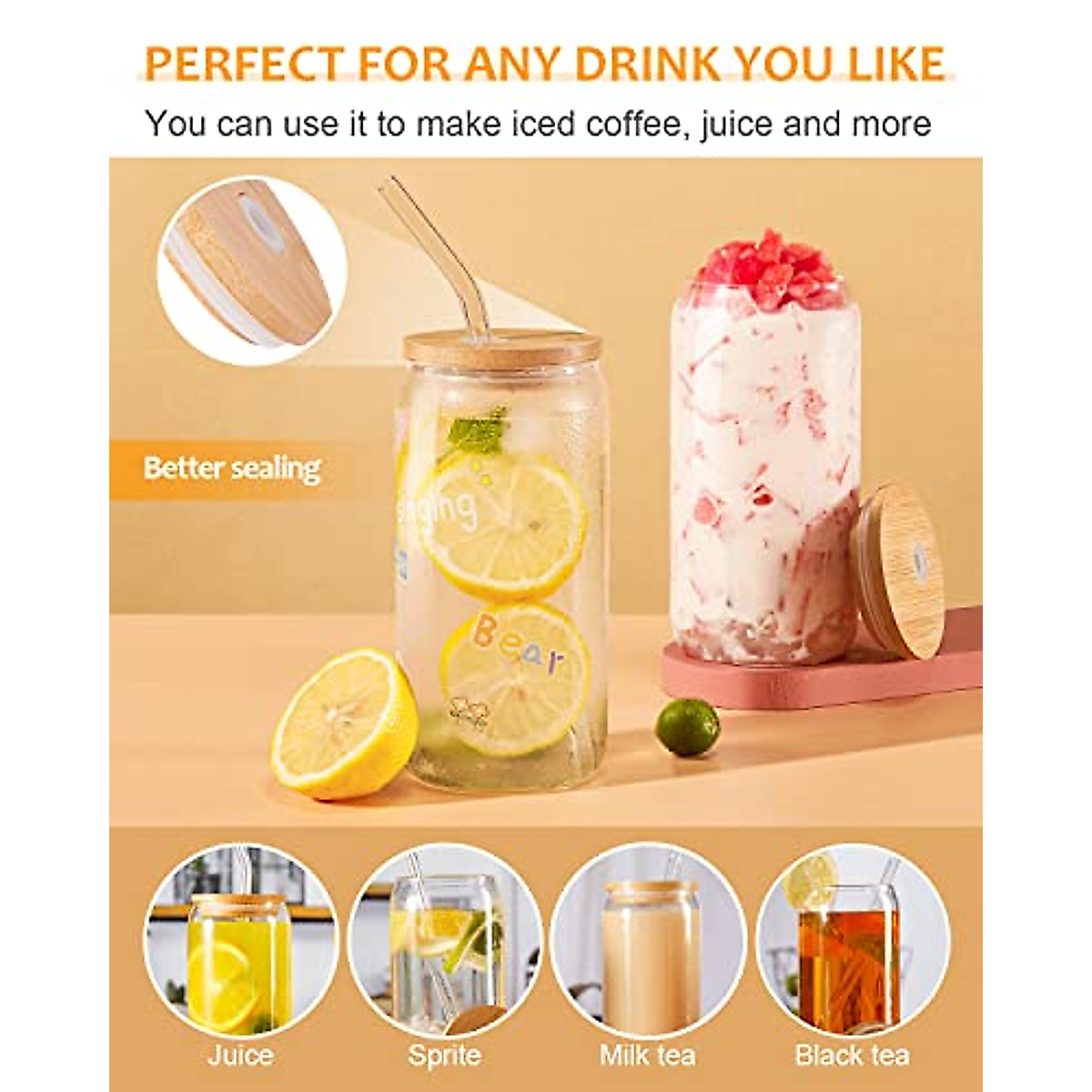 YSJILIDE Glass Cups with Bamboo Lids and Glass Straws 4 Set, 16oz Can Shaped Drinking Glass Cups, Iced Coffee Cup, beer glasses Ideal for cocktails, whisky, juice, DIY, Gifts - 2 Cleaning Brushes