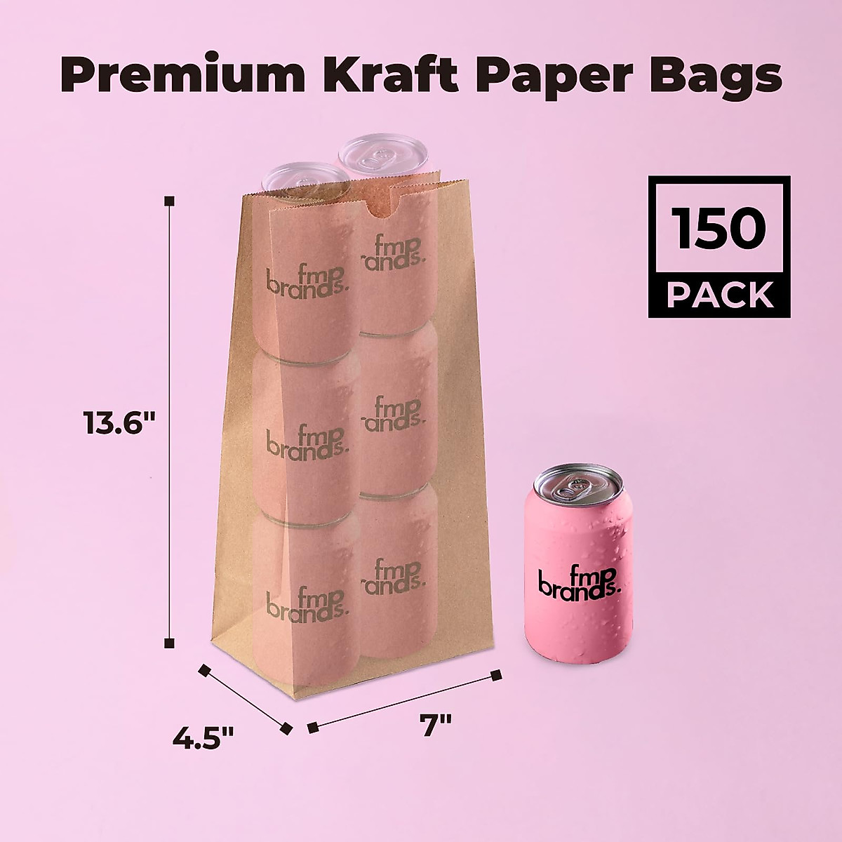 Fit Meal Prep 150 Pack 12 lb Brown Paper Lunch Bags, 13 x 7 x 4.5" Durable Paper Bags Bulk for Packing, Delivery, Take Out, Grocery, Retail Shopping, Premium Kraft Paper Sack for Snacks, Bakery