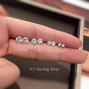 Sterling Silver Cubic Zirconia Stud Earrings Set for Womens Mens, 4 Pair Small Studs for Cartilage Tragus Multi Piercing Ears 3mm/ 4mm/ 5mm/ 6mm