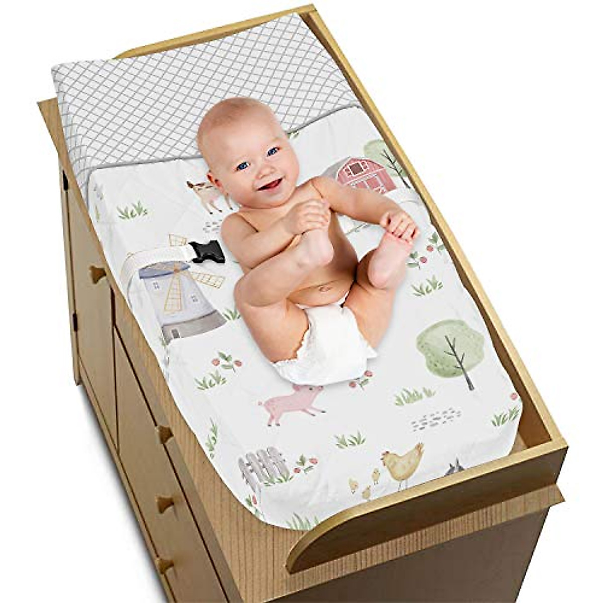 Sweet Jojo Designs Farm Animals Boy or Girl Baby Nursery Changing Pad Cover - Watercolor Farmhouse Lattice Horse Cow Sheep Pig