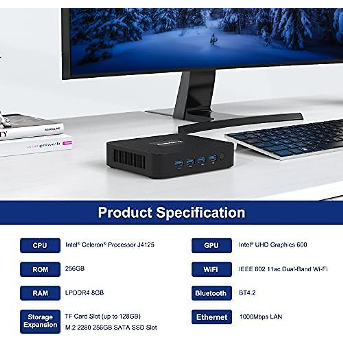 MINISFORUM GK41 Mini PC Celeron Processor J4125 Quad Core(up to 2.7GHz),8GB DDR4 128GB SSD Mini Desktop Computer 4X USB 3.0 Ports,1X Gigabit Ethernet,4K@60Hz Output,Dual Wi-Fi