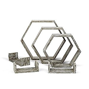 AlphaCo Rustic Wall Mounted Hexagonal Shelves for Living Room, Bedroom, Office or for Home Supplies in Bathroom or Kitchen, Round Wall Shelf, Set of 6 - Rustic Gray Wood 3 Hexagon Shelves-Boxes