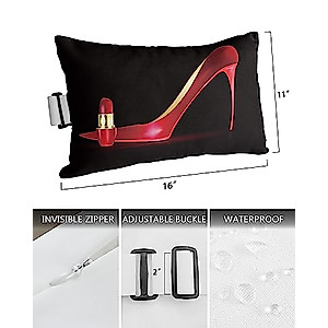 YOKOU Throw Pillow Covers Cases, Red Lipstick High Heel Shose Black Durable Waterproof Cushion Covers with Strap, Ideal for Couches, Cars and Beach Chairs, 4pcs-11"X16"