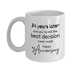 34th Anniversary Coffee Mug, Best 34 Years Wedding Anniversary Appreciation Tumbler Gifts For Husband Him Her Men Women Wife Couple Thirty Four Fourth Year Funny Marriage Travel Presents Tea Cup