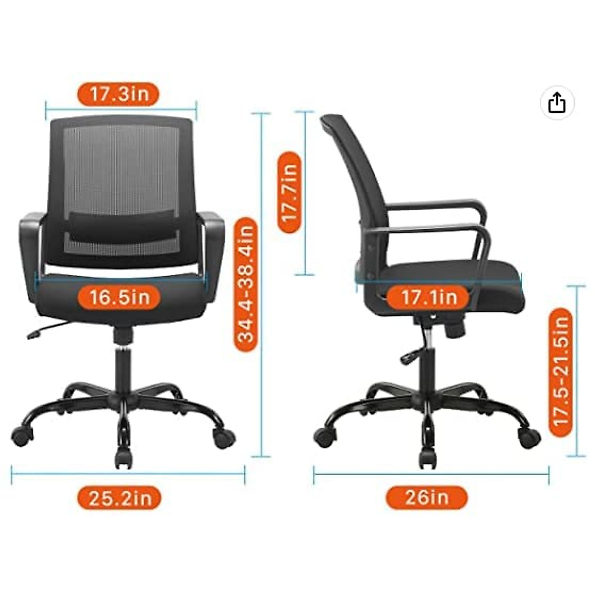CLATINA Office Chair Mid Back Ergonomic Desk Chairs Rolling Mesh Computer Chair with Executive Lumbar Support and Height Adjustable Design for Home Offic (4 Pack)
