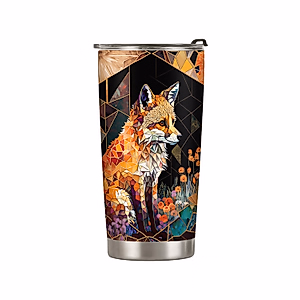 20oz Yellow Citrine Stained Glass Crystal Mosaic Fox Tumbler, Gifts for Fox Lovers, Coffee Thermos for Women, Stainless Steel Double Wall Vacuum Insulated Coffee Mug, Travel Cup with Lid