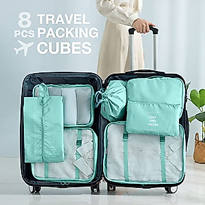 8 Set Packing Cubes for Suitcases,Packing Cubes with Shoe Bag, Cosmetics Bag, Clothing Bag, Accessories Bags Packing Cubes for Travel Luggage Organizer Women Men(Blue-Green)