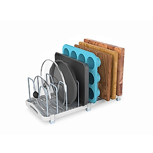EVERIE Adjustable Bakeware Organizer Pot Lid Holder Rack for Pots, Cake Molds, Cutting Boards, Mats, Cookware, Large 7.7'' W x 16.1'' D x 6.3'' H