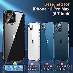 UniqueMe [5 in 1 Design for iPhone 12 Pro Max 6.7 inch Case, 2 Pack Screen Protector Tempered Glass + 2 Pack Camera Lens Protector, [Non-Yellowing] Shockproof Ultra Thin Protective Cover-Clear Black