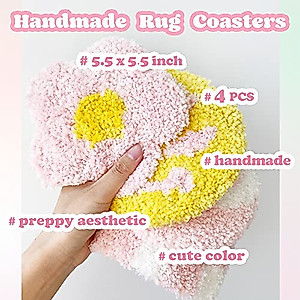 Coasters for Drinks, Handmade Preppy Tufted Pink Pastel Smily Face Rug Cute Aesthetic Home Room Decor Coffee Table Gift 4Pcs