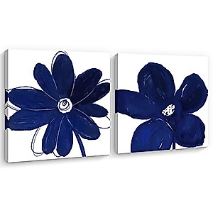 Creoate Navy Blue Wall Art for Bathroom Decor, 2 Pieces Abstract Flower Painting Canvas Print Artwork Framed Set Blue and white Wall Decor for Bedroom…