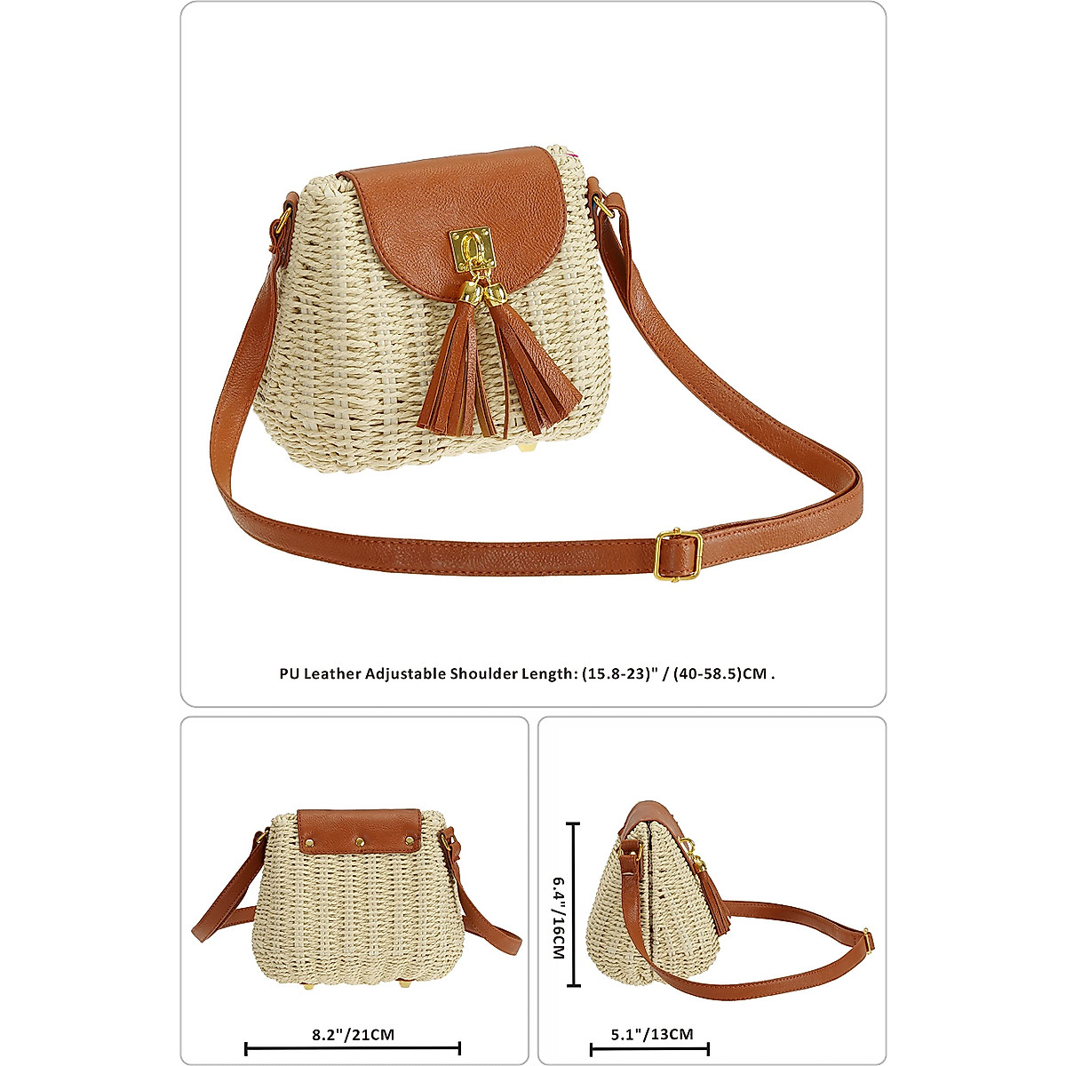 So'each Women's Handmade Wicker Woven Purse Tassels Message Crossbody Bag