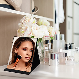 ZBEIVAN 12x9 Inches Extra Large Portable Folding Makeup Mirror, Frameless PU Leather Vanity Mirror with Stand for Desk Table Camping Travel Personal, Black