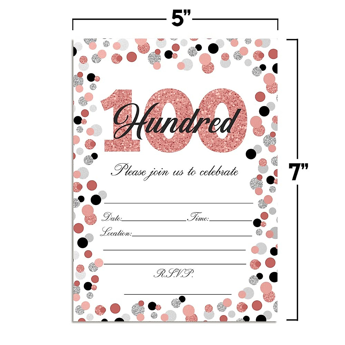 Amanda Creation Confetti Rose Gold Polka Dot 100th Birthday Party Invitations, 20 5x7 Fill-In Cards with Twenty White Envelopes