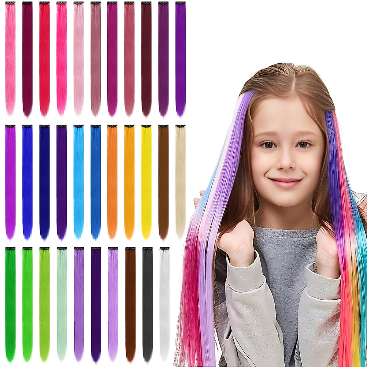 32 PCS Clip in Colored Hair Extensions for Kids, 20 Inches Rainbow Long Straight Hairpieces Synthetic,BEAHOT Hair Extensions-Pretty Gift for Cosplay Dress Up Fashion Party Birthday（32 Colors)