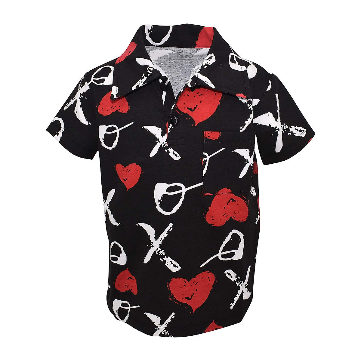 Unique Baby Boys Valentine's Day XOX Print Polo Pullover Shirt (7) Black