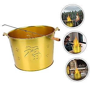 Veemoon Trash Golden Steel Leaves Bonfire Leaf Ash Fortune Bin Garden Wood Tongs Home Paper Barrel Hook Can Fireplace Fire Pit Stainless Bucket Money Sacrifice with Basin Yard Backyard