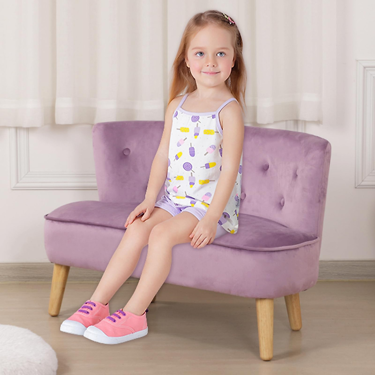 Yoonnie room 2-Seat Kid Sofa Couch with Velvet Fabric,Kid Sofa Chair with Wooden Frame for 3-6 Age Children Gift,35.6" Length, Purple